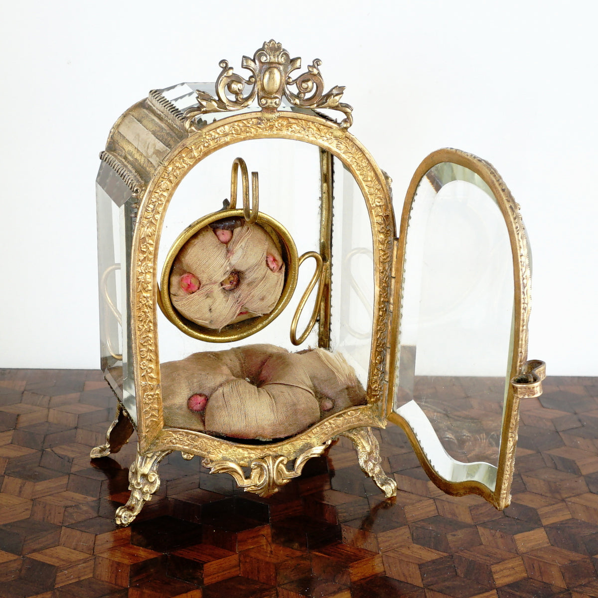 Antique Victorian Beveled Glass Ormolu Pocket Watch Holder Display Vit ...