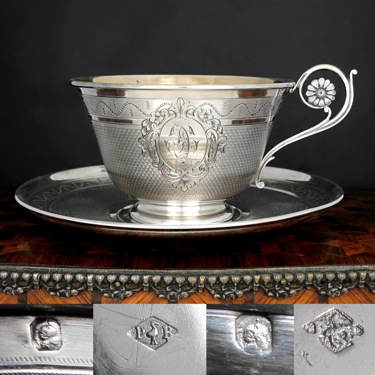 Antique French Sterling Silver Cup & Saucer Set, Flower Handle, Guillo ...