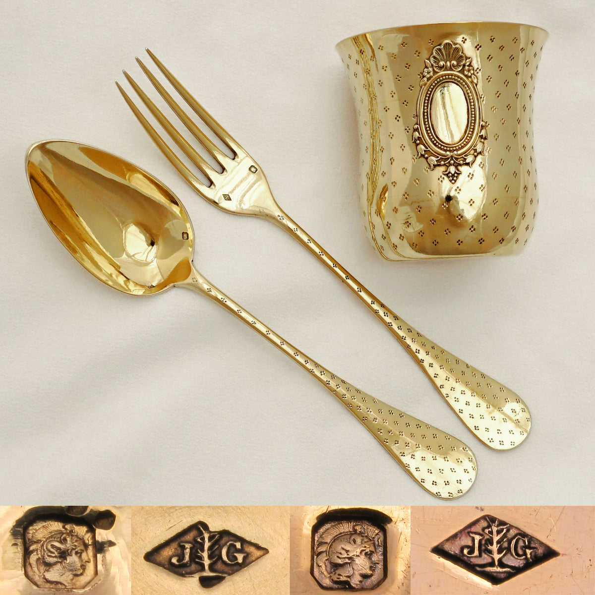 Antique French Sterling Silver Gilt Vermeil 3pc Flatware & Tumbler Cup ...